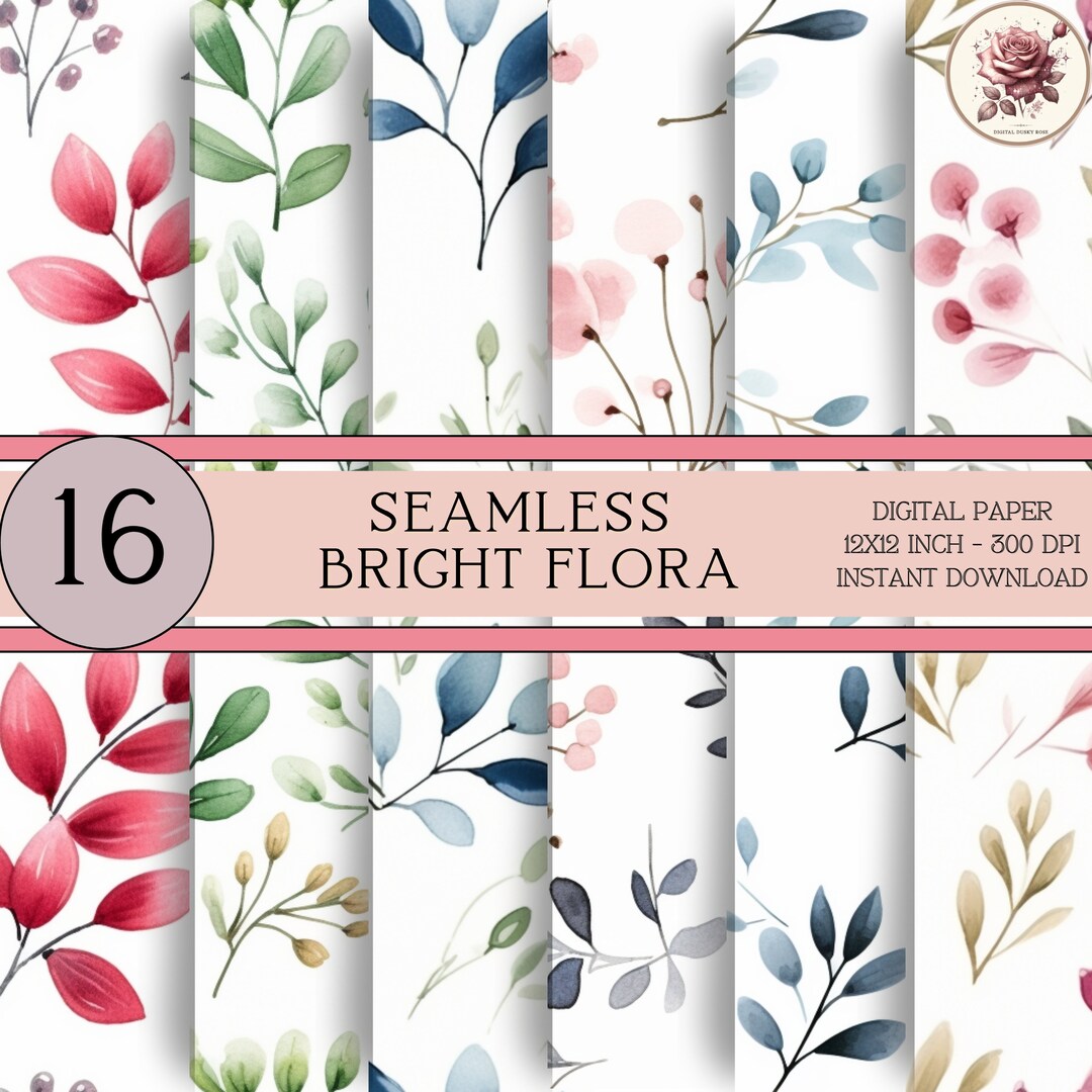 Bright Floral Pastel Digital Paper: Seamless Leaf & Flower Patterns, 16 ...