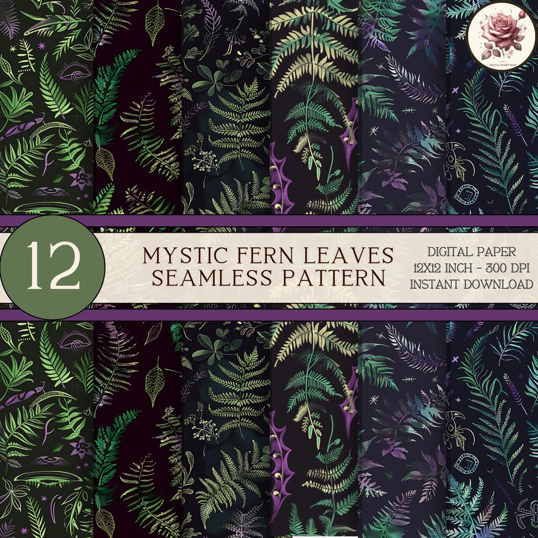 Mystic Fern Leaves Seamless Pattern Digital Papers: Green and Purple ...