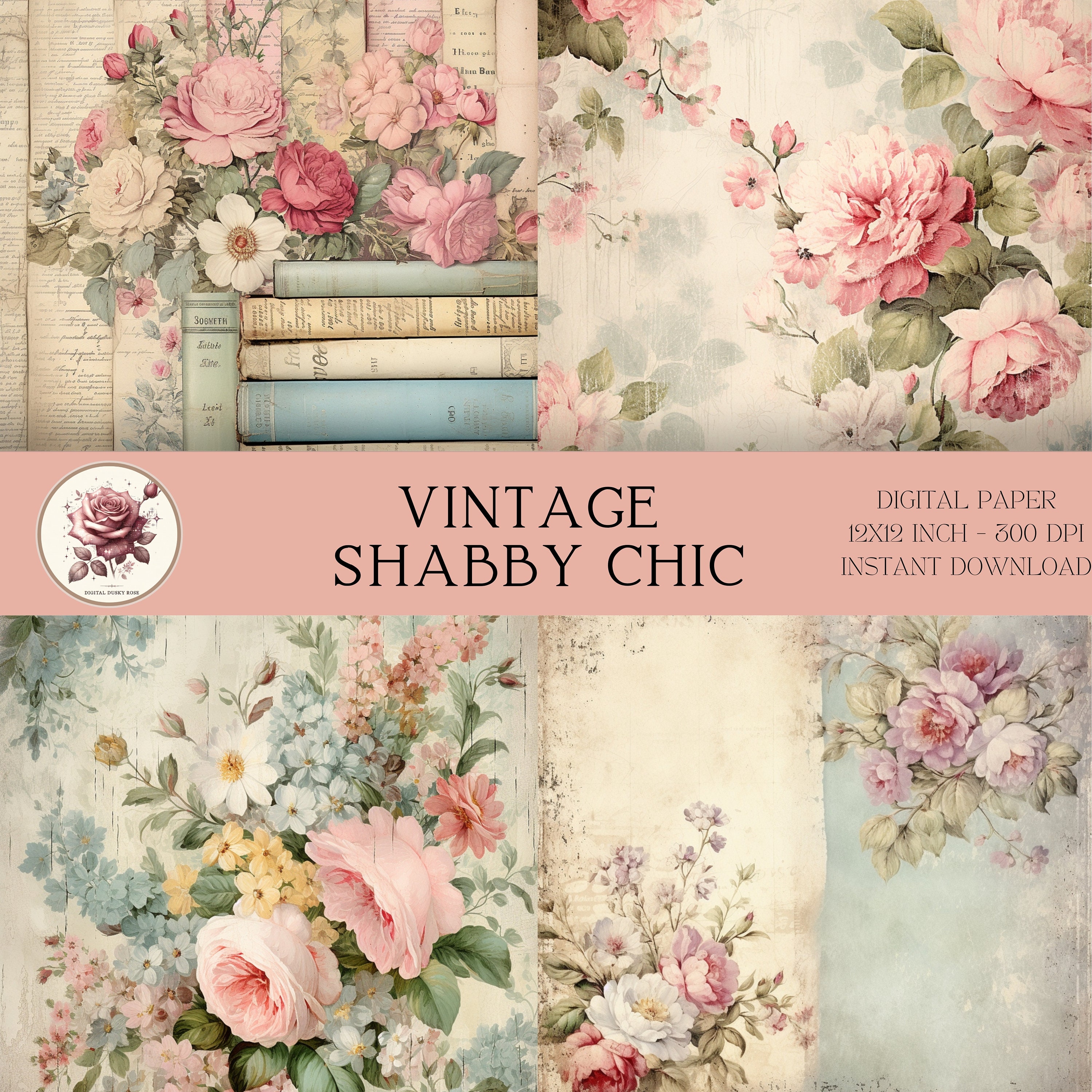 110 Shabby Chic Digital Paper Bundle Vintage Farmhouse & Floral ...