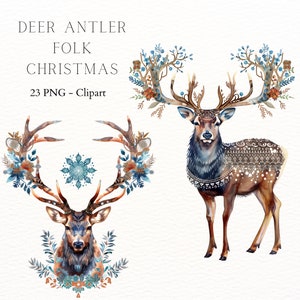 Deer Antlers Christmas Clipart Folk Whimsical Fawn Enchanted Forest ...