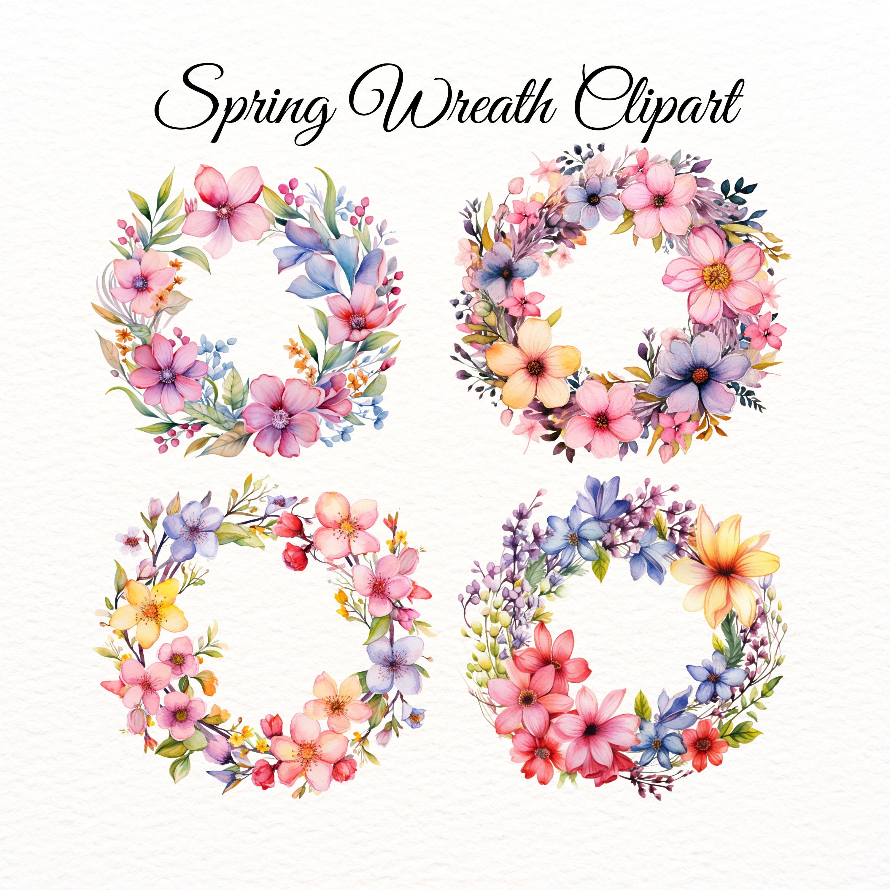 Spring Wreath Clipart, PNG, Watercolor Flowers, Multi Colored Wreath ...
