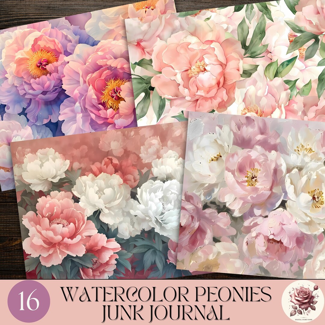 Watercolor Peonies Junk Journal Bundle, Shabby Chic Digital Journal Papers, Floral Backgrounds ...