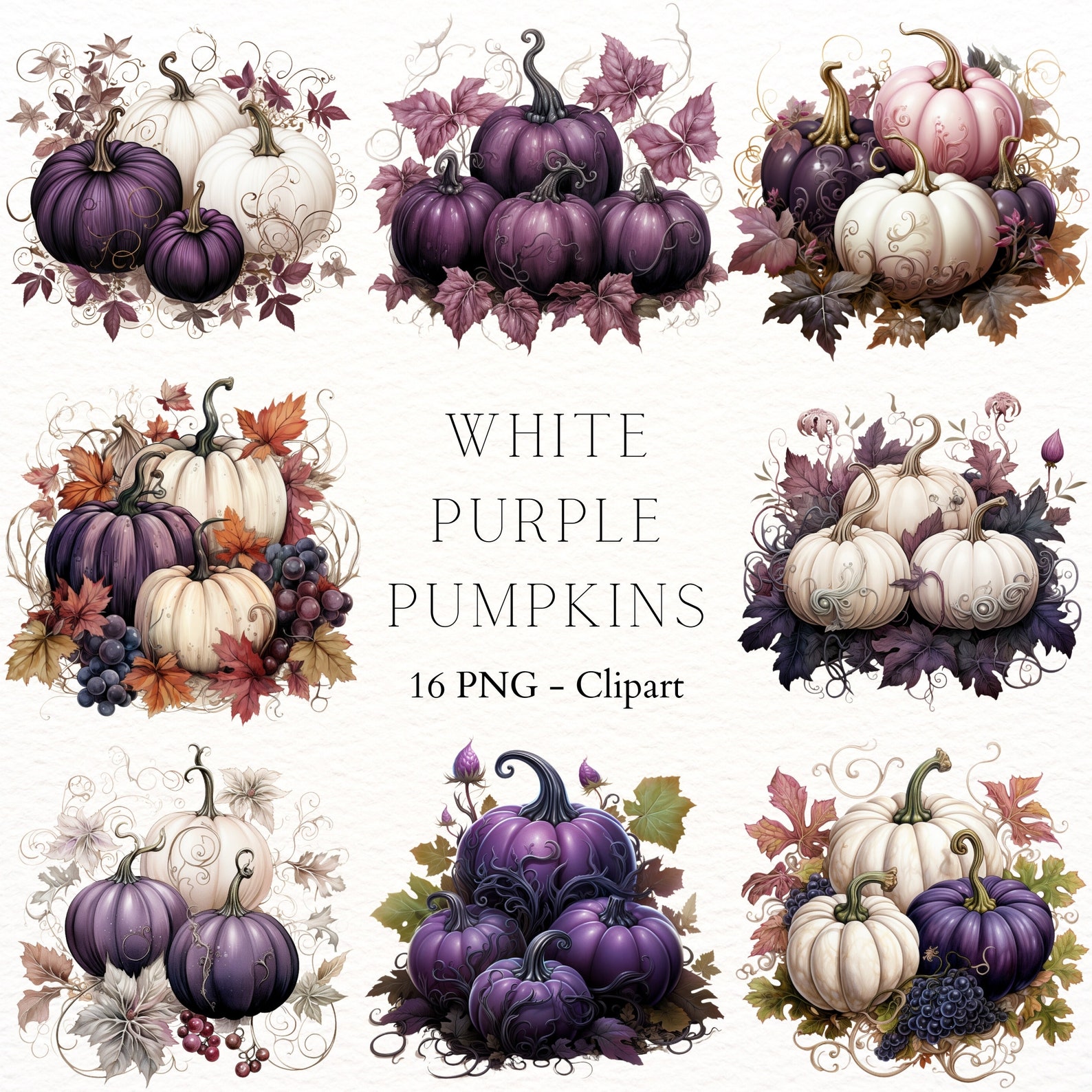 Purple & White Pumpkins Clipart Set, Halloween Sublimation PNG, High ...