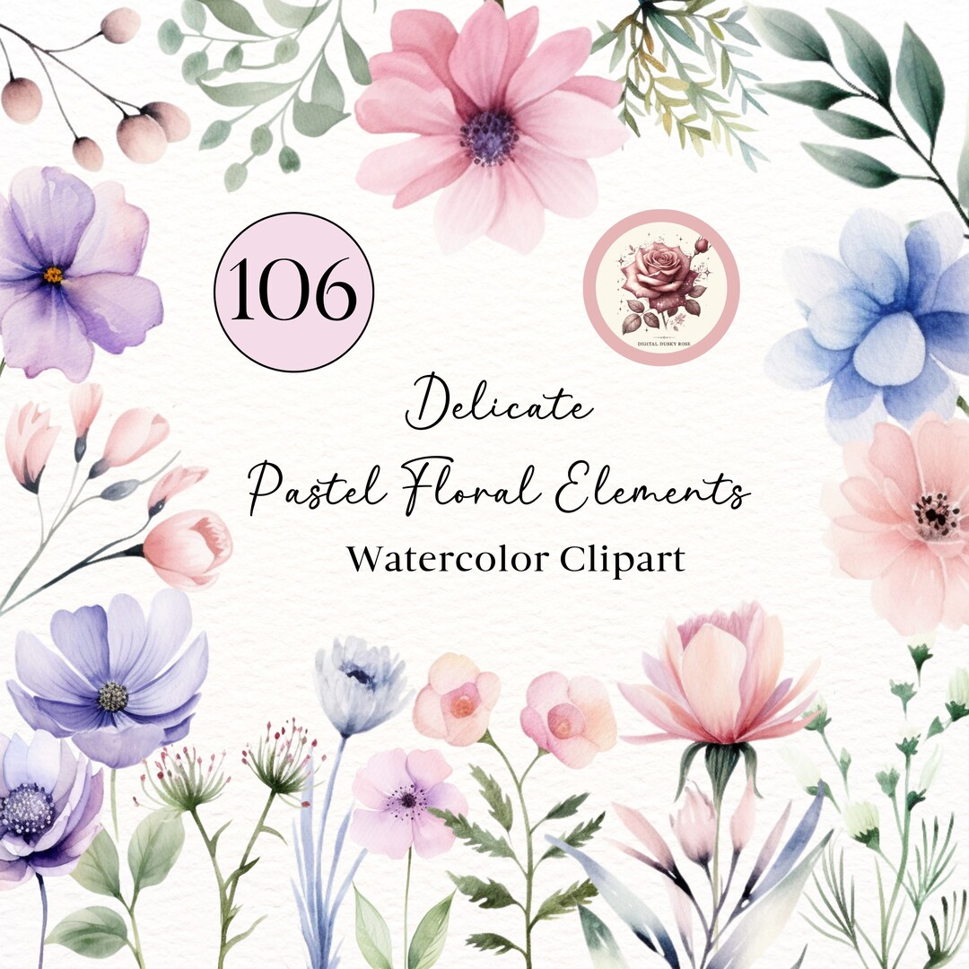 106 Pastel Floral Watercolor Clipart Set, Delicate Botanical Elements ...