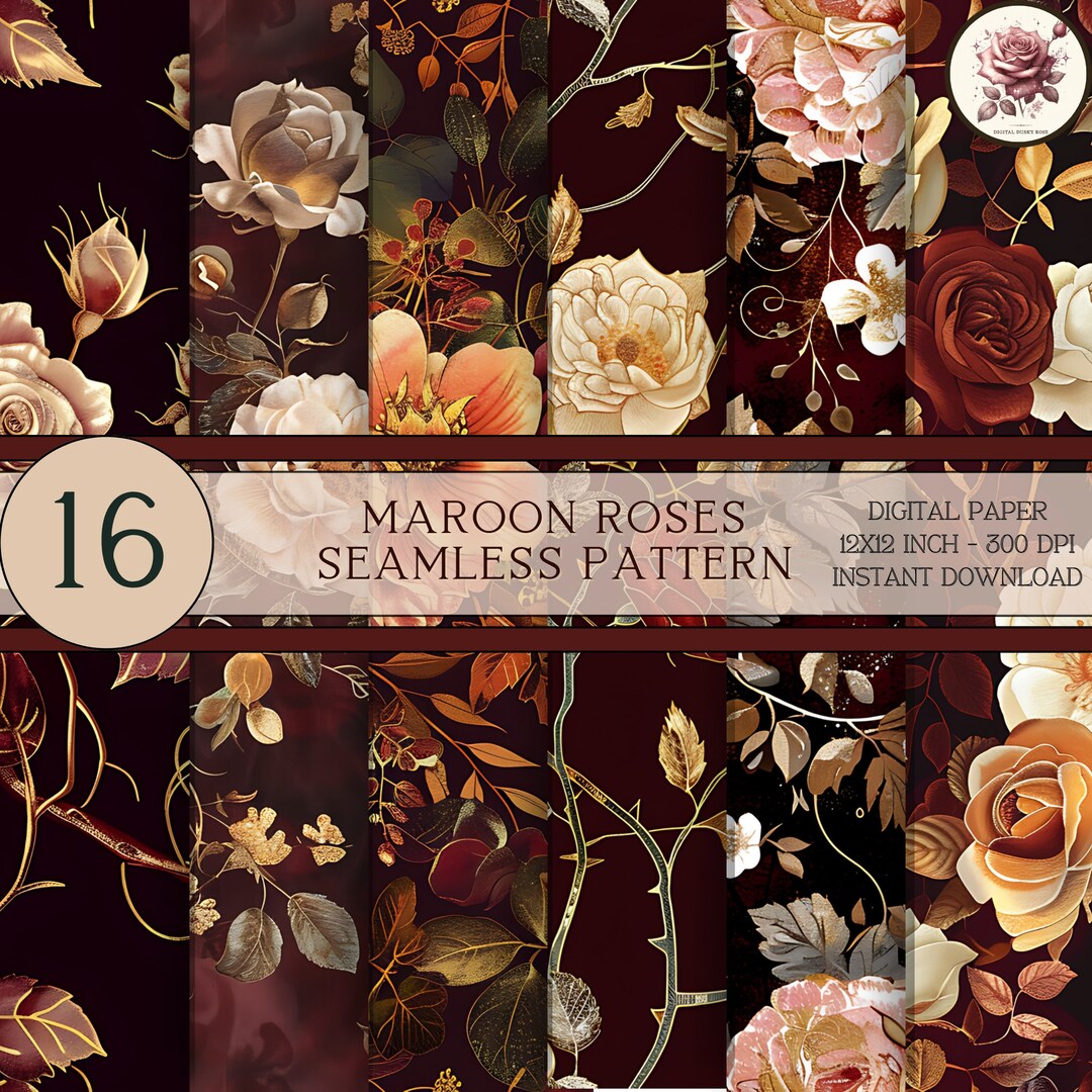 Maroon Gold Roses Seamless Pattern: Floral Burgundy Digital Paper With ...