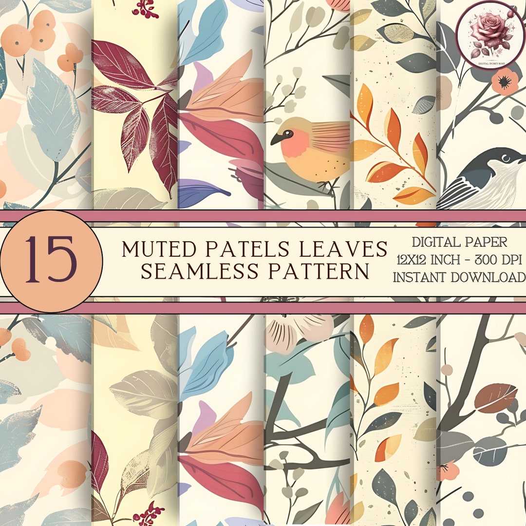 Muted Pastels Leaves Digital Papers, Birds, Flower Seamless Pattern for ...