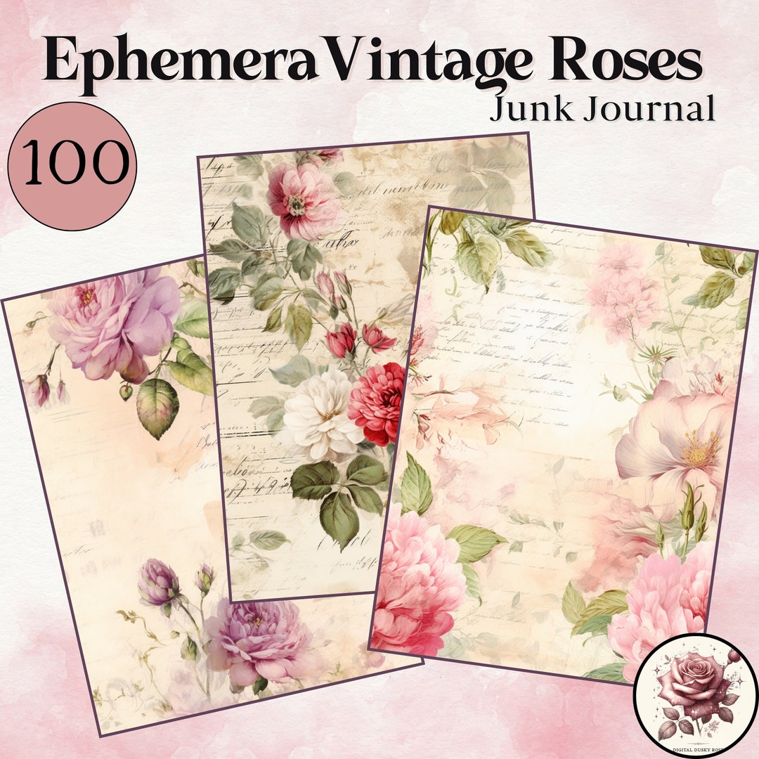 100 Ephemera Vintage Roses, Digital Paper, Junk Journal Bundle Pink ...
