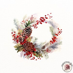 Watercolor Christmas Wreath Clipart: Poinsettia Flowers, Pinecones, and ...