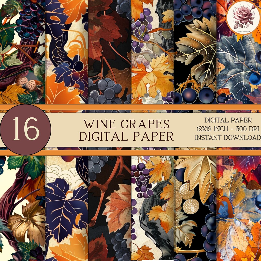 Grapes Pattern, Golden Leaves Digital Papers, Fabric Designs, Seamless ...