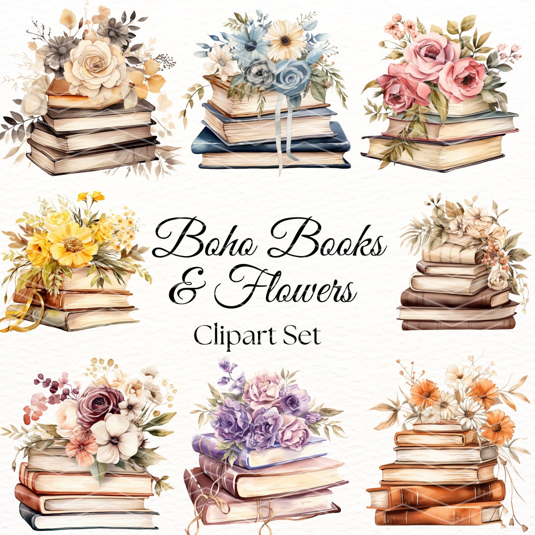 Boho Books & Flowers Watercolor Clipart - Romantic Library Set - 50 ...