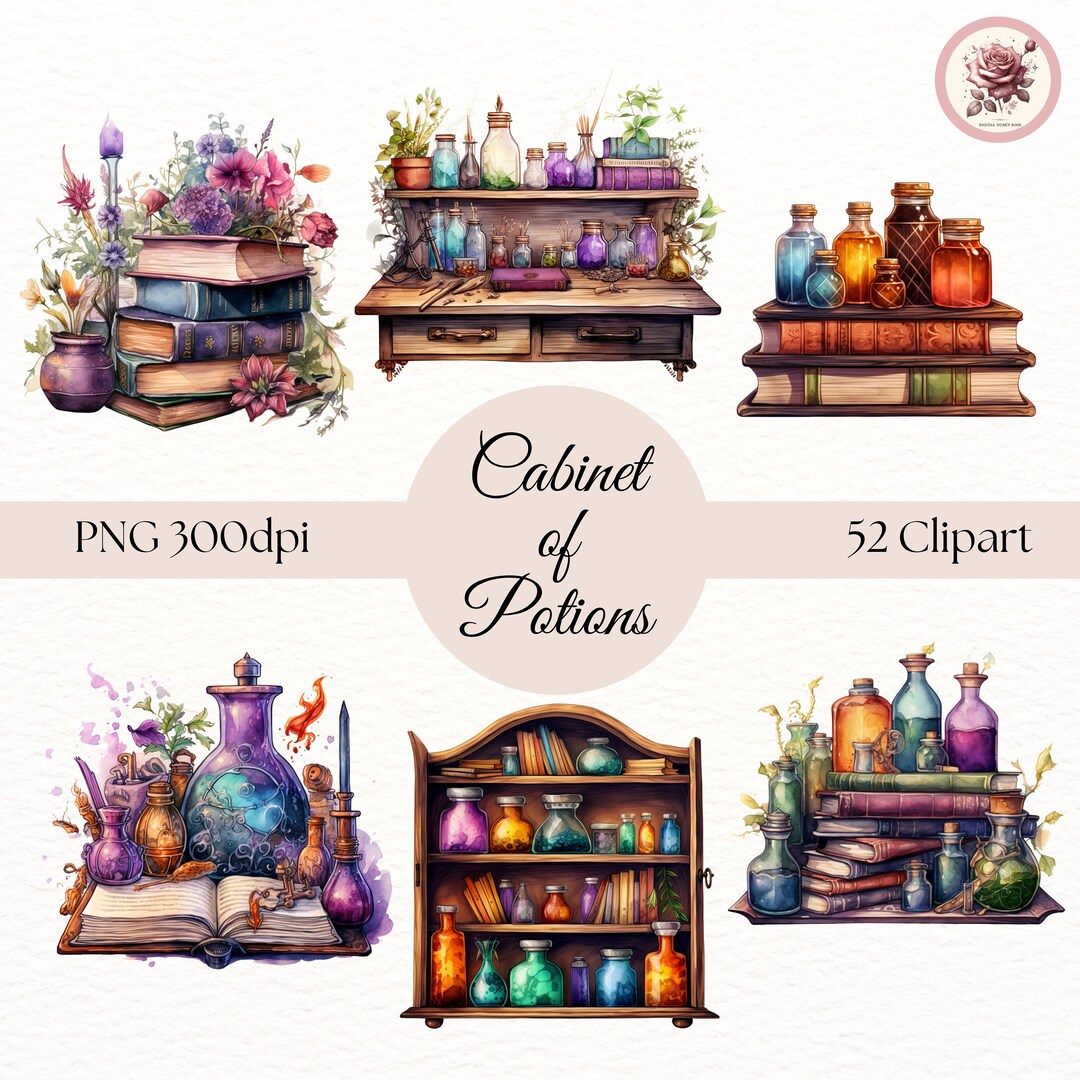 Cabinet of Potions Clipart, Watercolor Sublimation, Book of Shadows ...