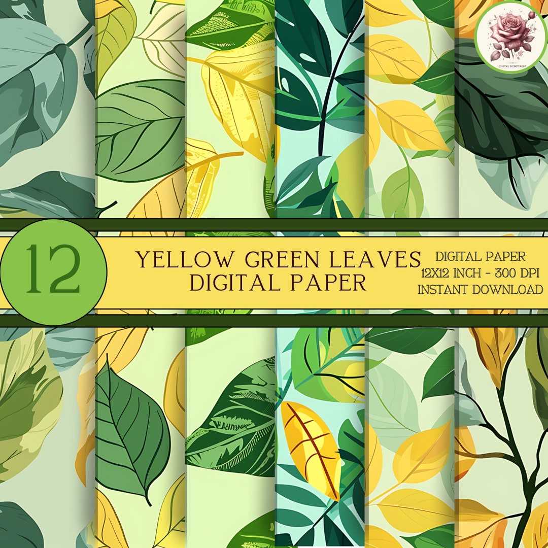 Yellow Green Leaf Digital Paper: Early Autumn Greenery Backgrounds for ...