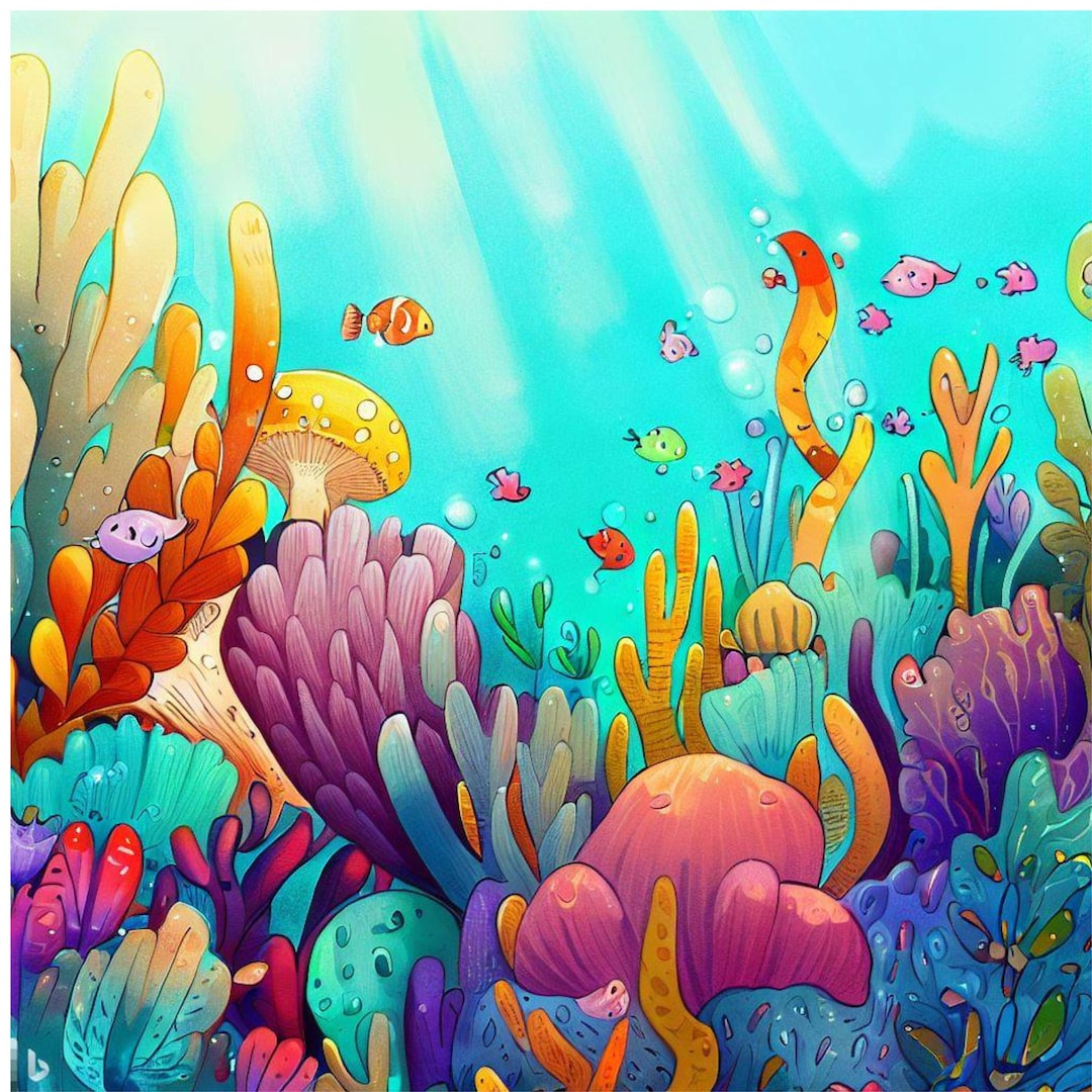 Colorful Underwater Digital Art Print, Cartoon Coral Reef Wall Decor ...