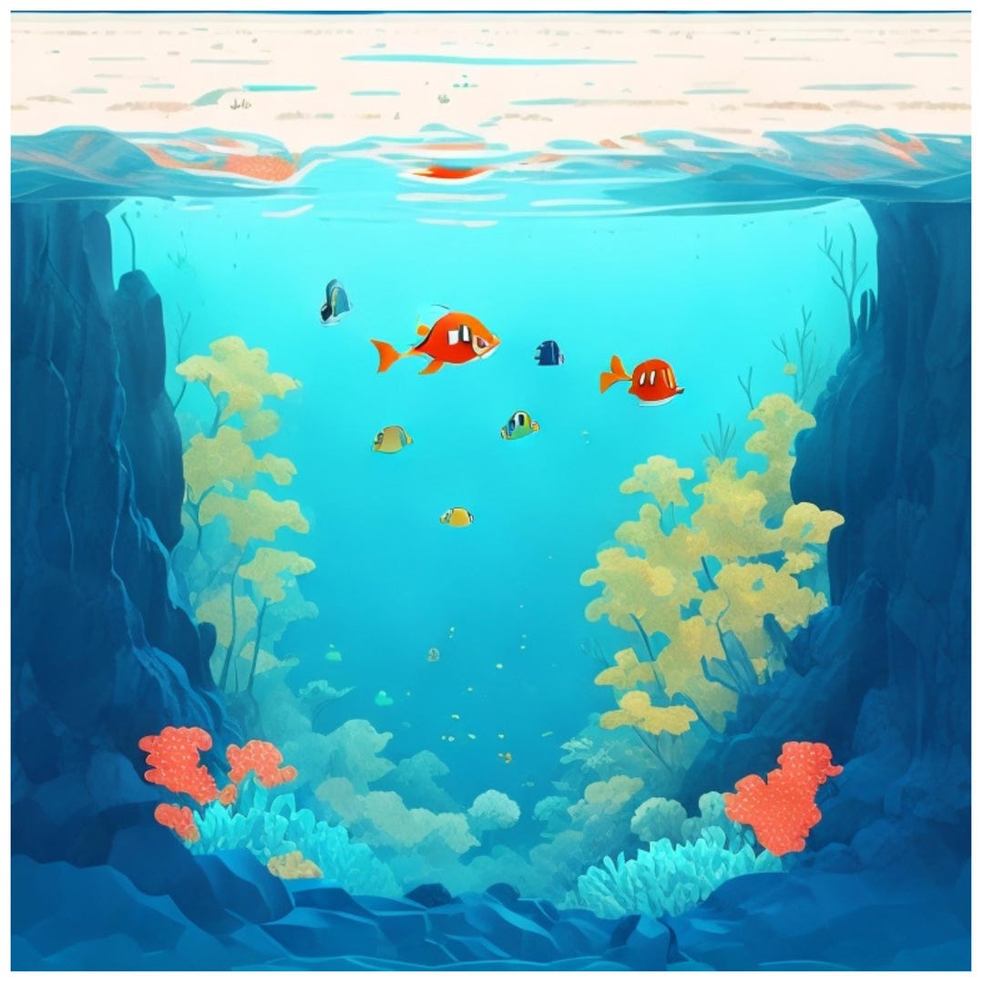 Underwater Ocean Scene Digital Art Print, Colorful Fish and Coral Reef ...