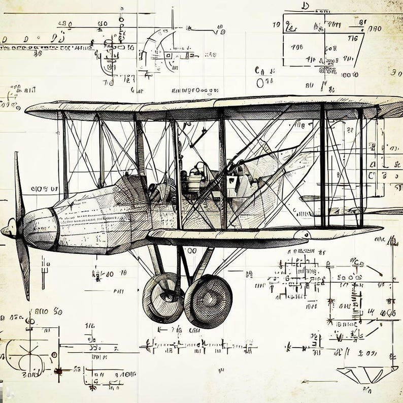 Vintage Airplane Blueprint Art Printable, Antique Aircraft Illustration ...