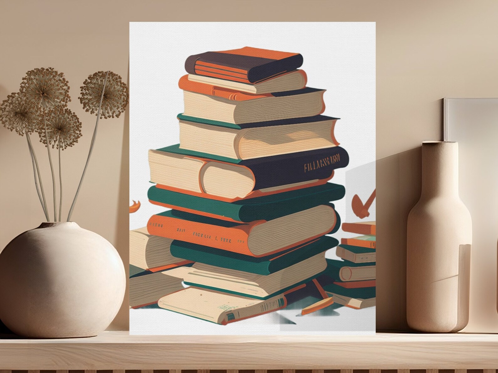 Vintage Book Stack Wall Art Print, Literary Decor for Book Lovers, Home ...