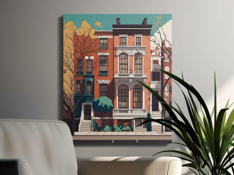 Vintage City Brownstone Digital Print Wall Art, Urban Architecture ...