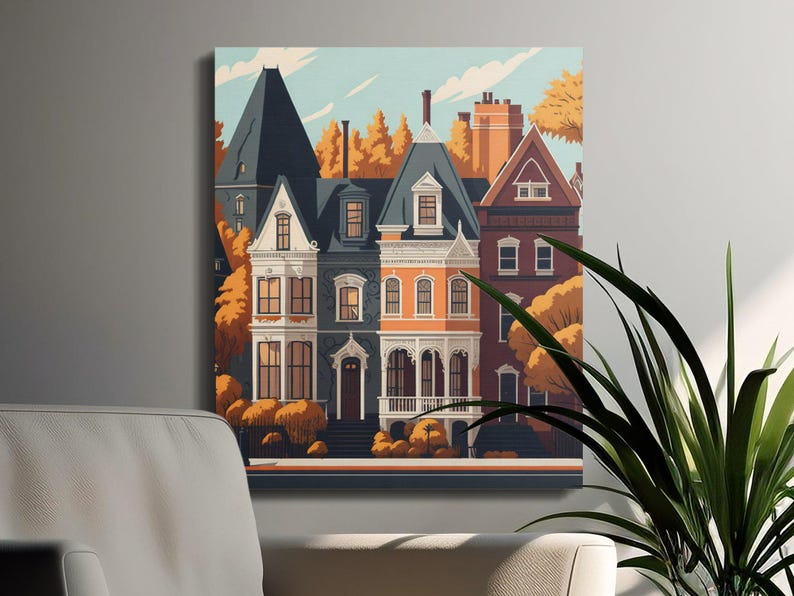 Autumn Victorian Houses Digital Art Print, Fall Themed House ...