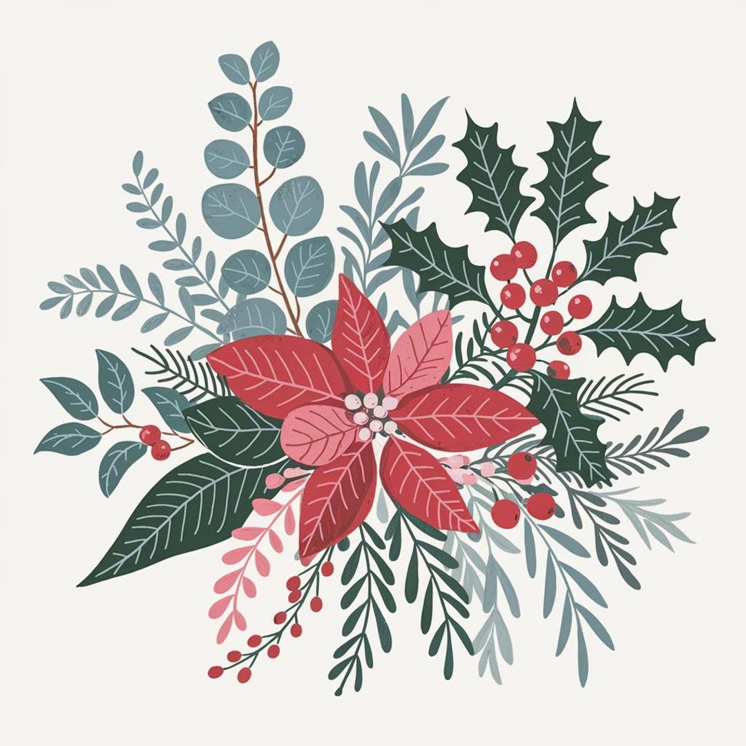 Christmas Floral Bouquet Digital Download, Holiday Botanical ...