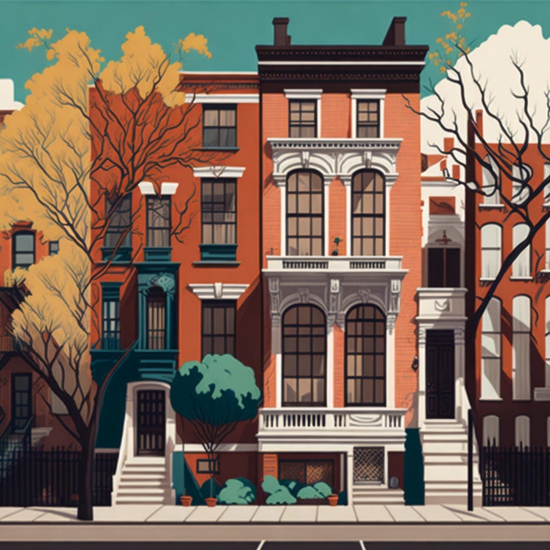 Vintage City Brownstone Digital Print Wall Art, Urban Architecture ...