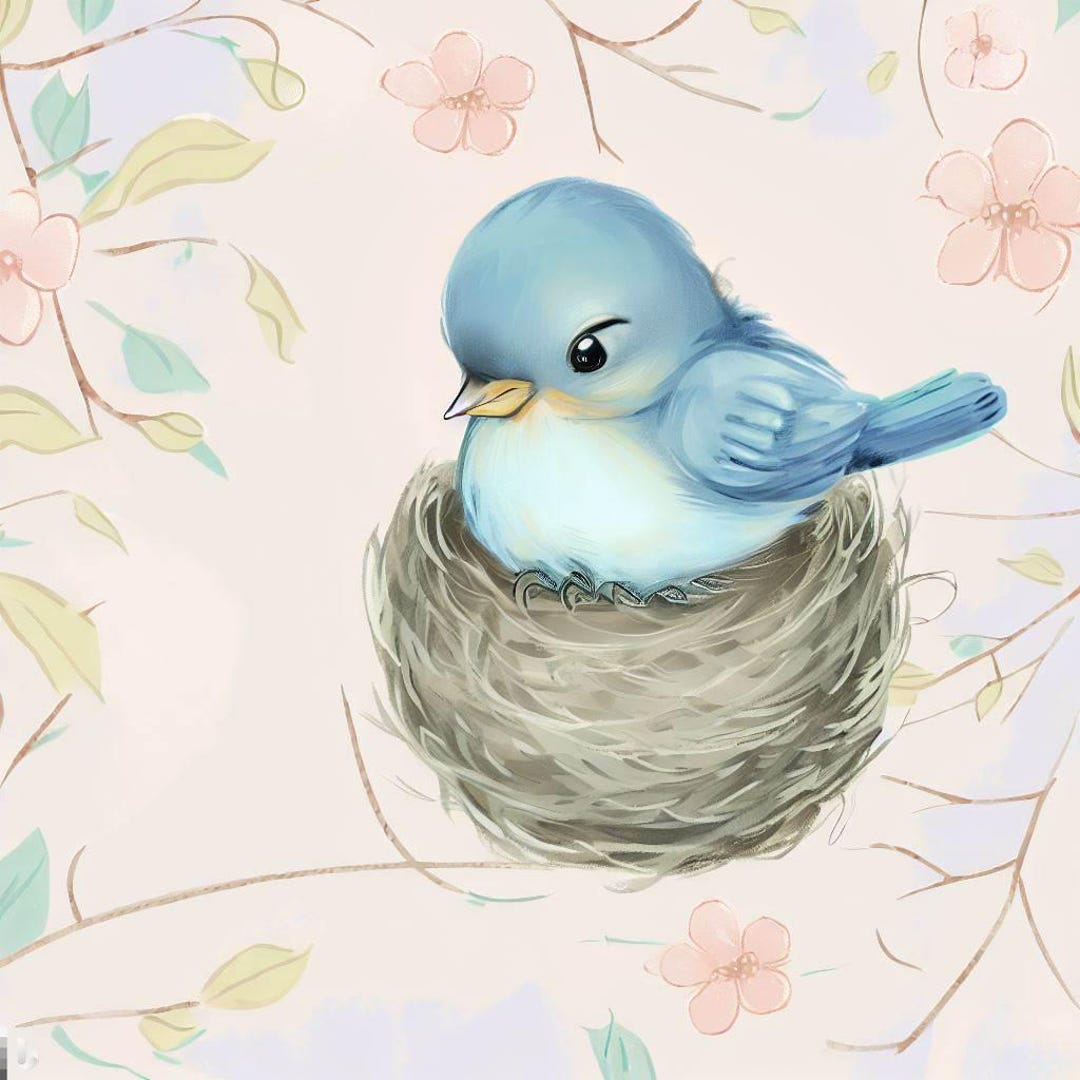 Baby Bluebird in Nest Digital Download, Cute Bird Art Print, Nursery ...