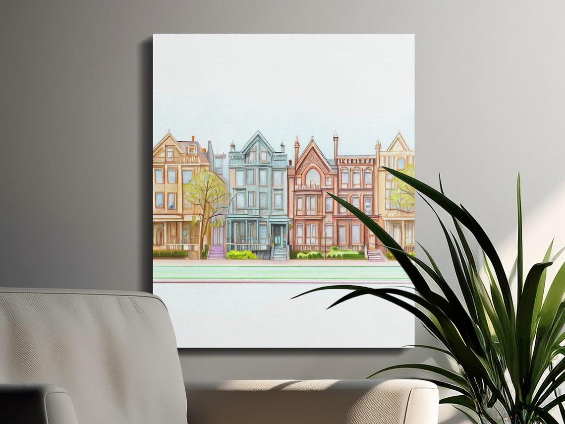 Vintage Row Houses Watercolor Print, Colorful Architectural Art ...