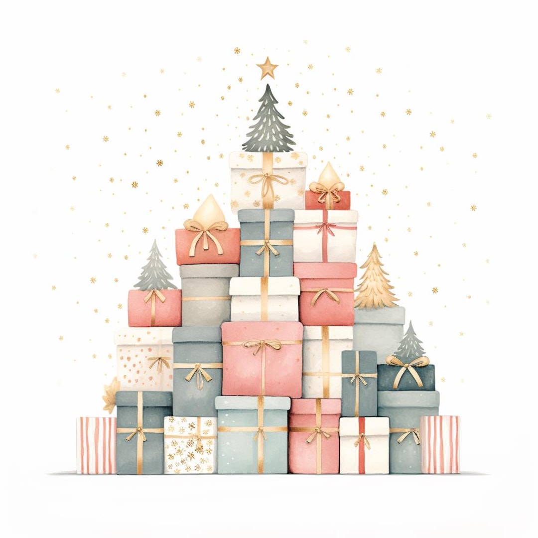 Christmas Gifts Digital Art Print, Holiday Present Illustration ...