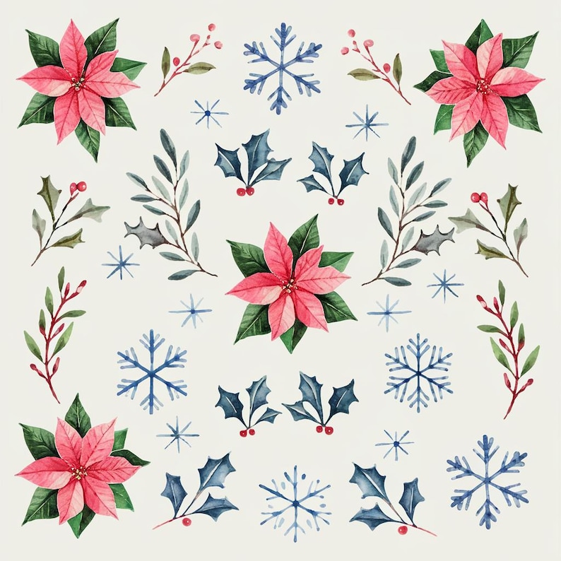 Christmas Watercolor Clipart, Poinsettia Holly Winter Leaves, Digital ...