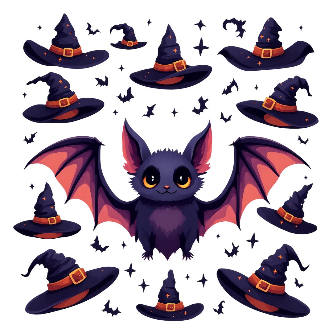 Cute Halloween Bat Clipart, Witch Hat PNG, Digital Download, Instant ...