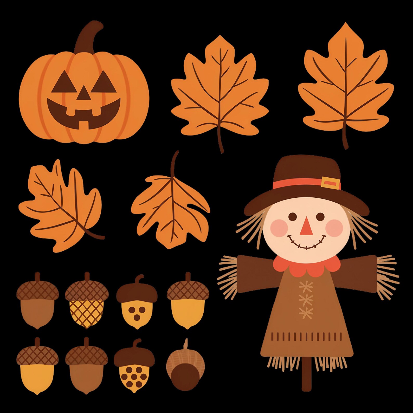 Fall Harvest Clipart Pumpkin Scarecrow Acorn Autumn Leaves Instant ...