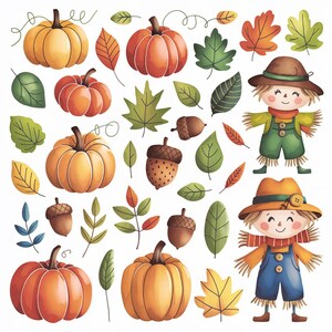 Fall Harvest Clipart, Autumn Pumpkins and Leaves, Cute Scarecrow ...