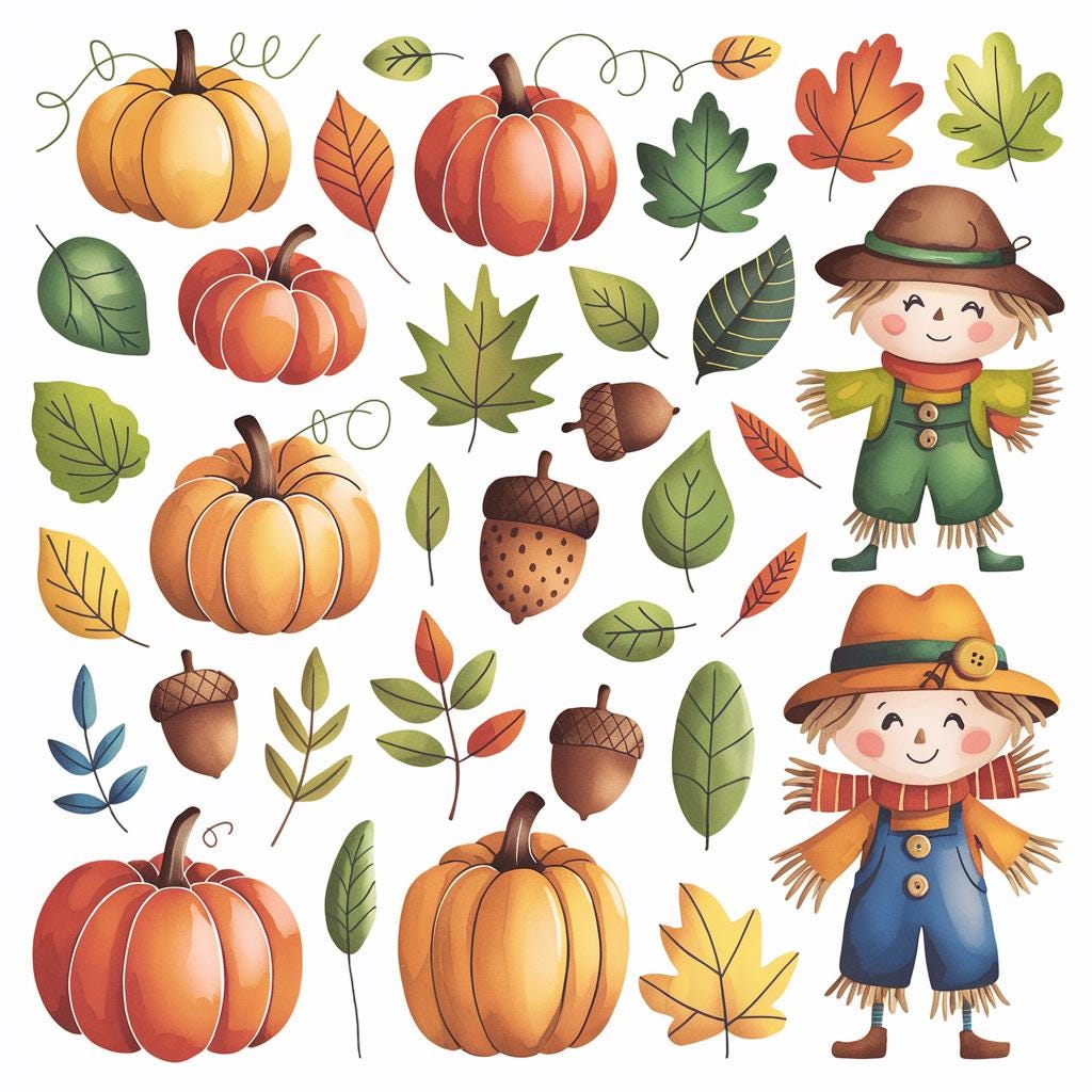 Fall Harvest Clipart, Autumn Pumpkins and Leaves, Cute Scarecrow ...