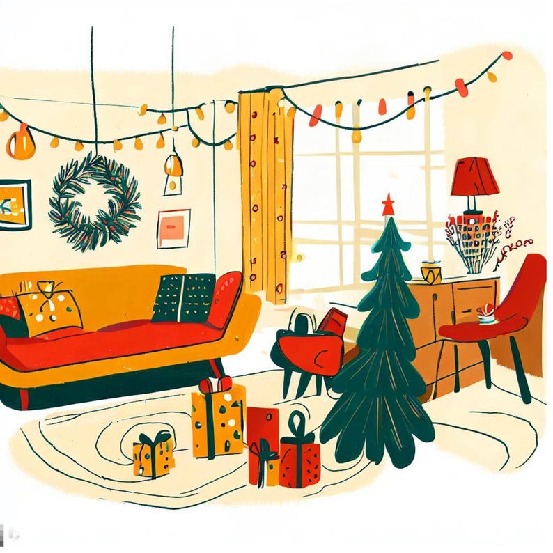 Cozy Christmas Living Room Illustration, Festive Holiday Scene Digital ...