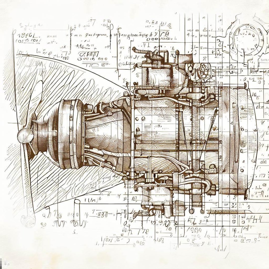 Vintage Airplane Engine Blueprint Art Print, Aviation Mechanics Drawing ...