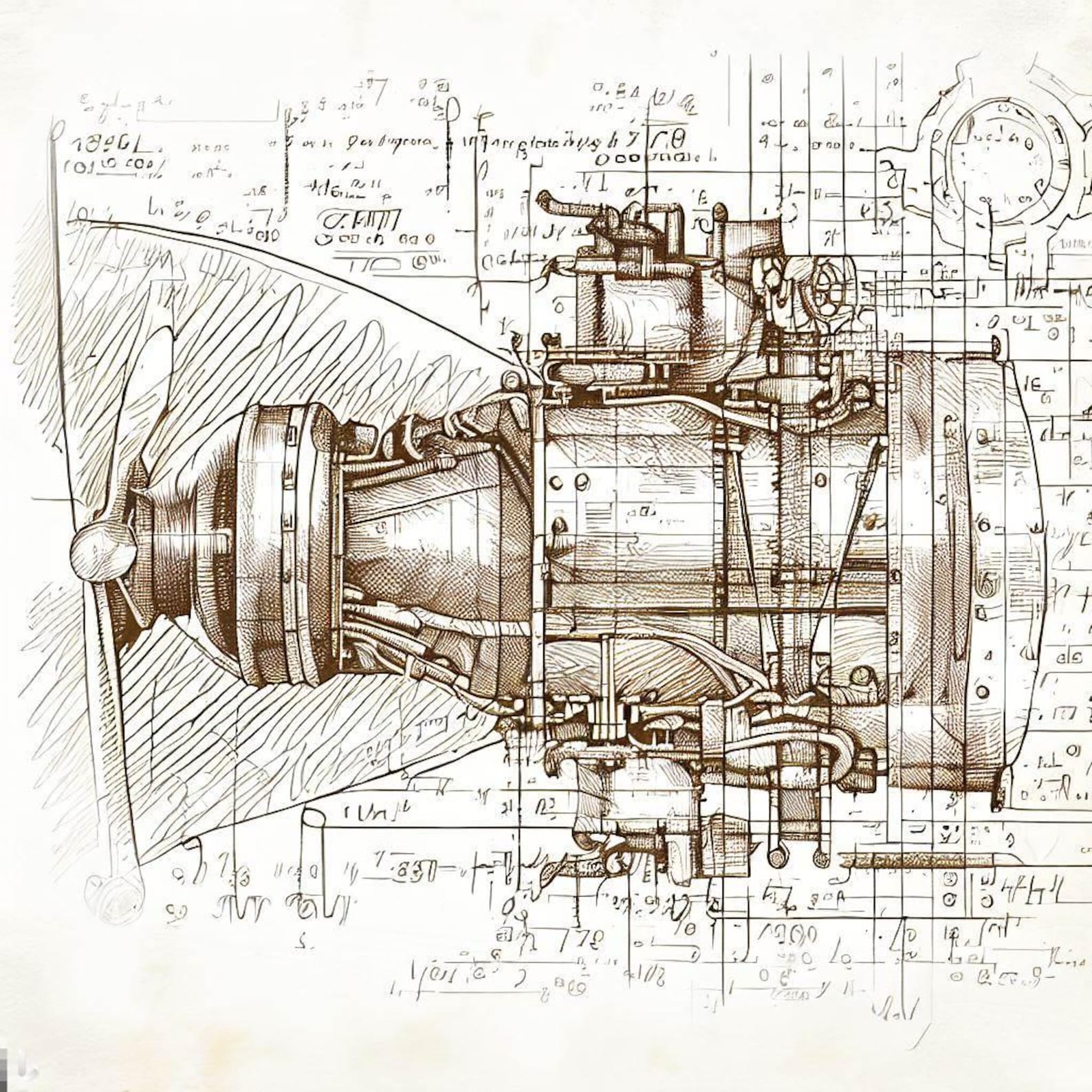 Vintage Airplane Engine Blueprint Art Print, Aviation Mechanics Drawing ...
