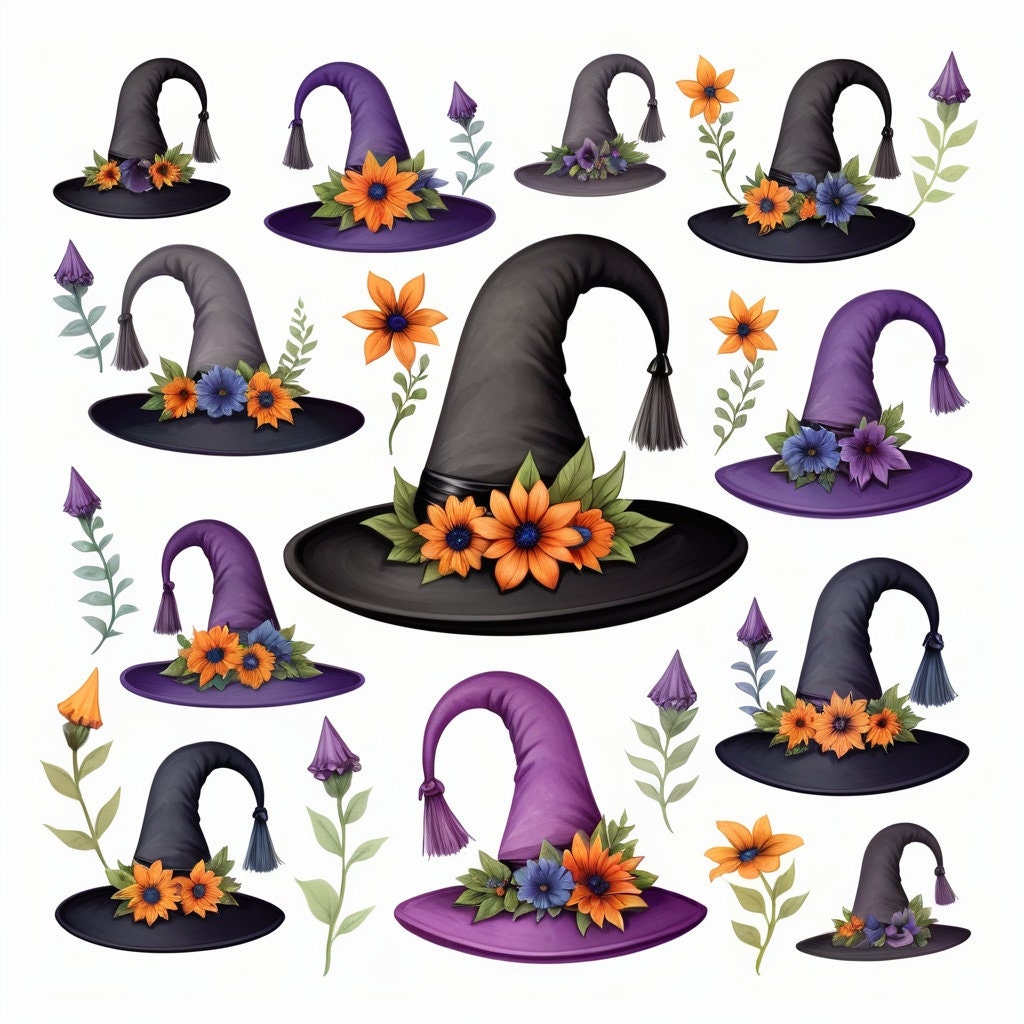 Halloween Witch Hat Clipart, Floral Witch Hat Illustrations, Digital ...