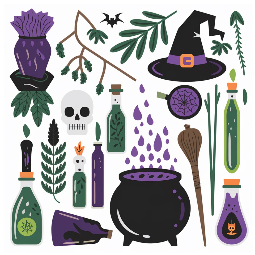 Halloween Witchcraft Clipart, Spooky Potion Bottles, Skull and Witch ...