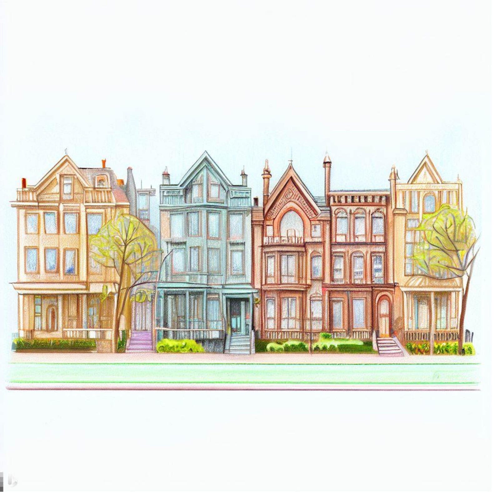 Vintage Row Houses Watercolor Print, Colorful Architectural Art ...