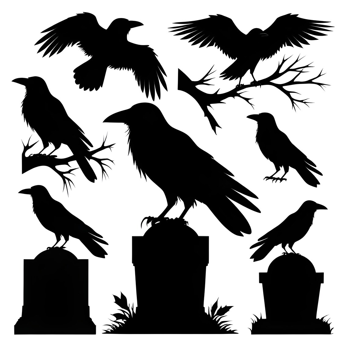 Crow Silhouette Clipart Digital Download, Halloween Raven Vector ...