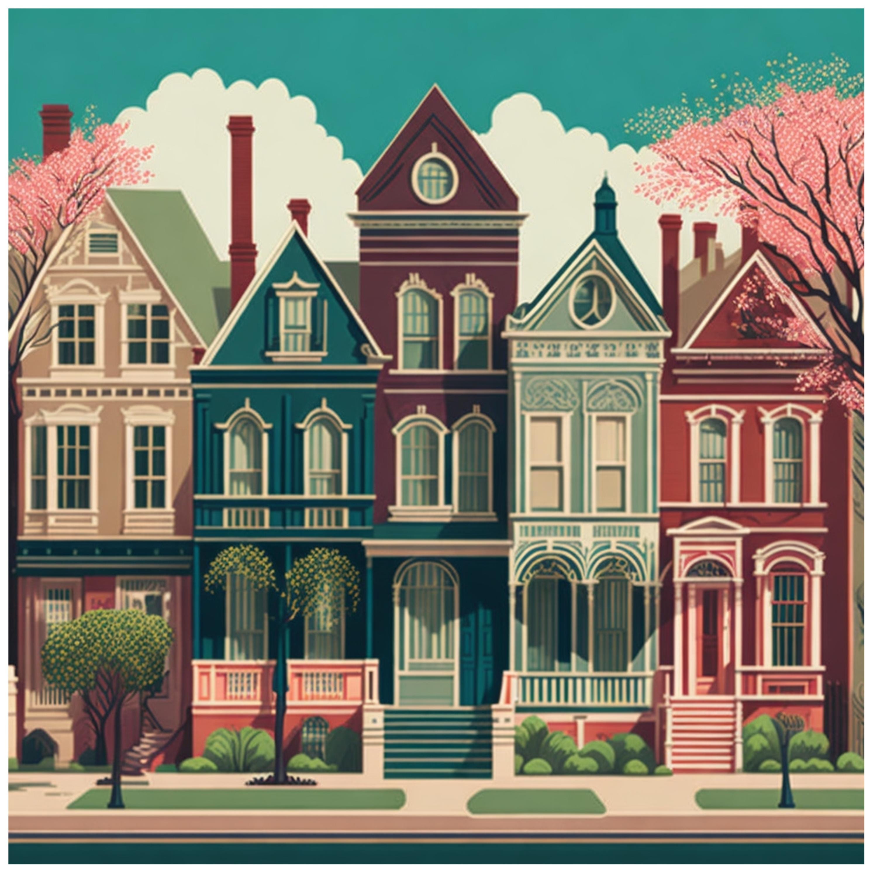 Vintage Victorian Houses Digital Art Print, Whimsical Urban Street ...