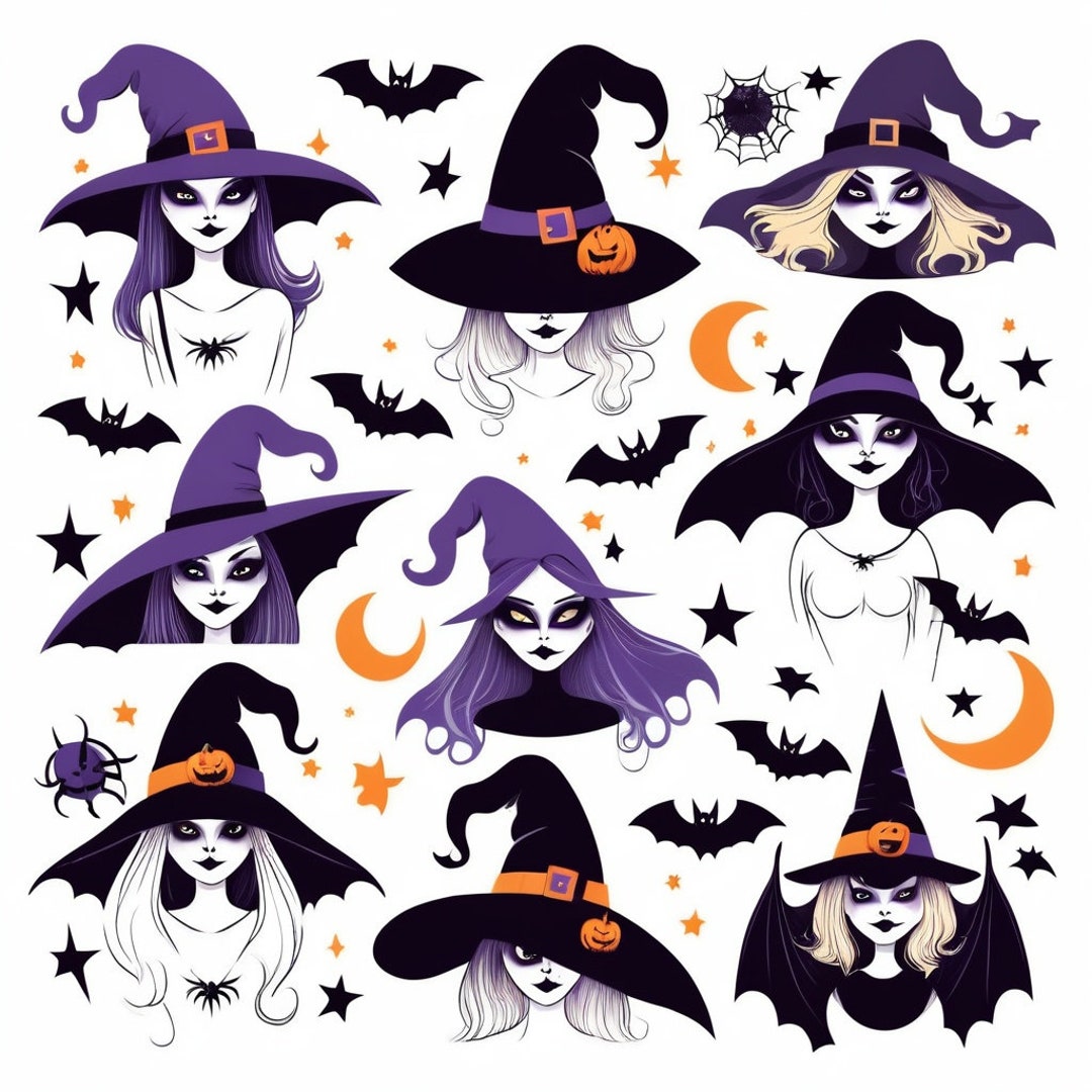 Cute Halloween Witch Clipart Set, Spooky Witch Graphic Bundle, Digital ...