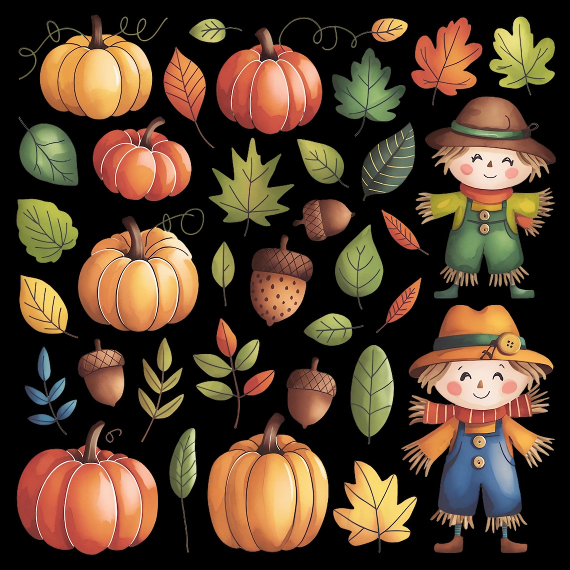 Fall Harvest Clipart, Autumn Pumpkins and Leaves, Cute Scarecrow ...