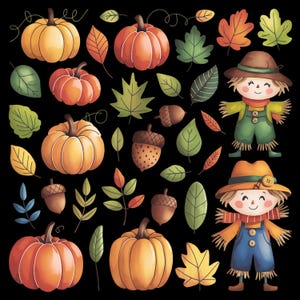 Fall Harvest Clipart, Autumn Pumpkins and Leaves, Cute Scarecrow ...