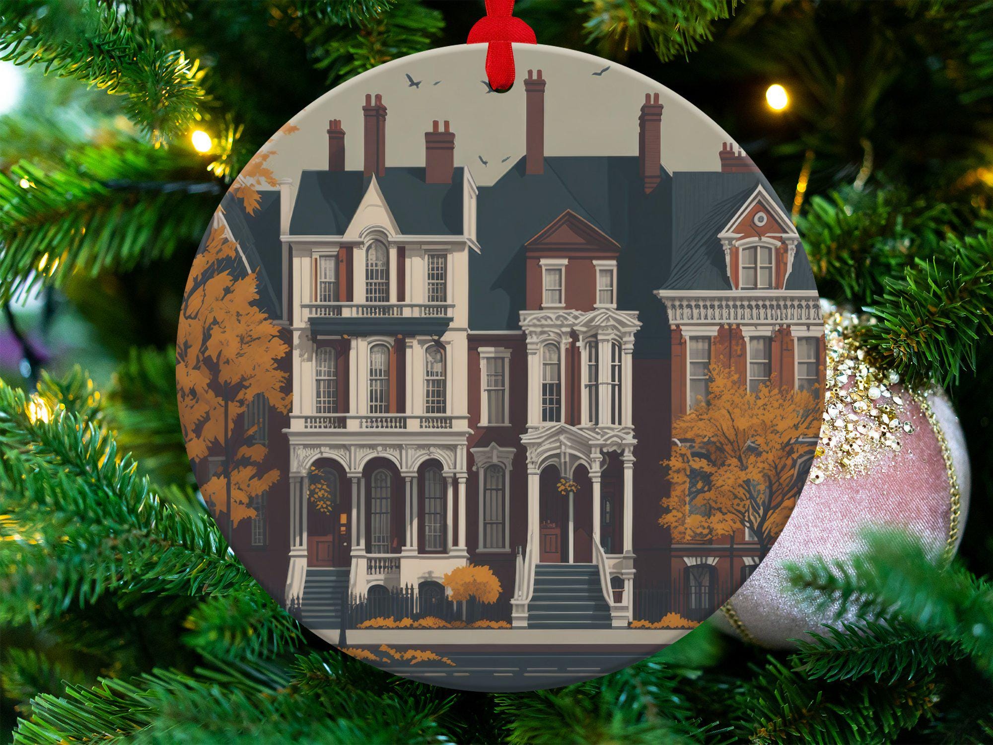 Vintage Autumn Cityscape Digital Art Print, Victorian Houses ...