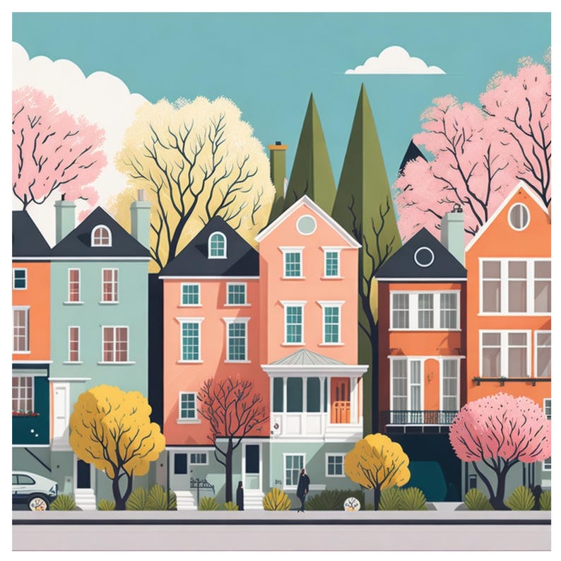 Colorful Spring House Digital Print, Charming Neighborhood Illustration ...