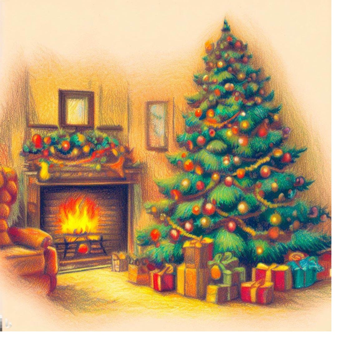 Cozy Christmas Fireplace and Tree Digital Art Print, Holiday Fireplace ...