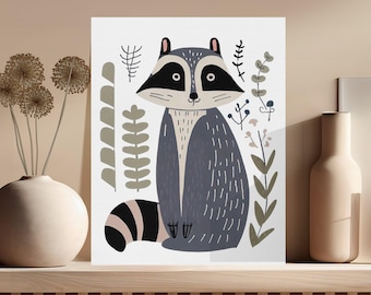 Printable Wall Art, Raccoon Digital Print, Forest and Woodland Animals ...