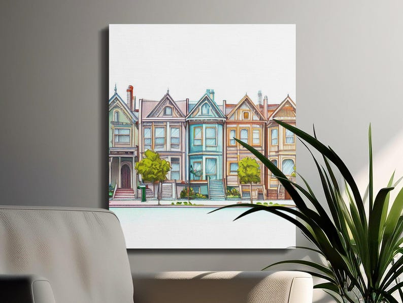 Colorful Victorian Houses Digital Art Print, Digital Illustration Home ...