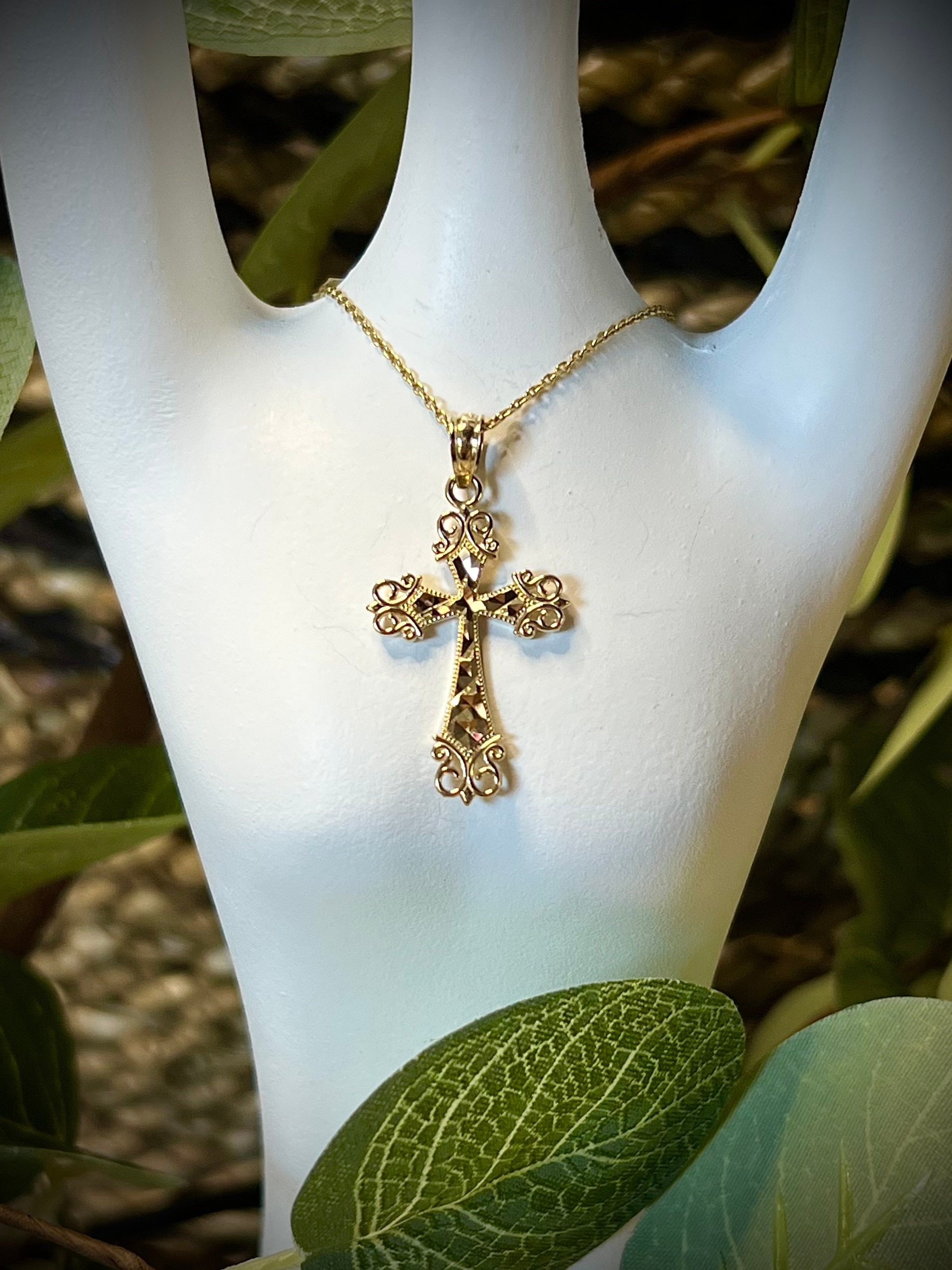 14K Solid Gold Swirl Edge Cross Pendant - Etsy