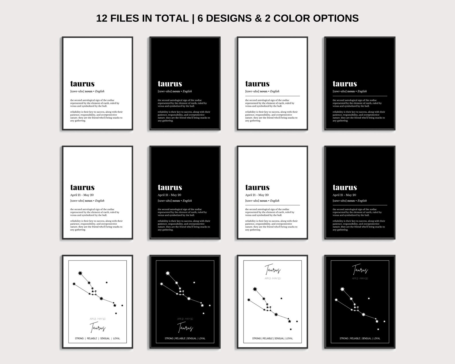 Taurus Zodiac Poster Wall Art Bundle, Taurus Definition Printable ...